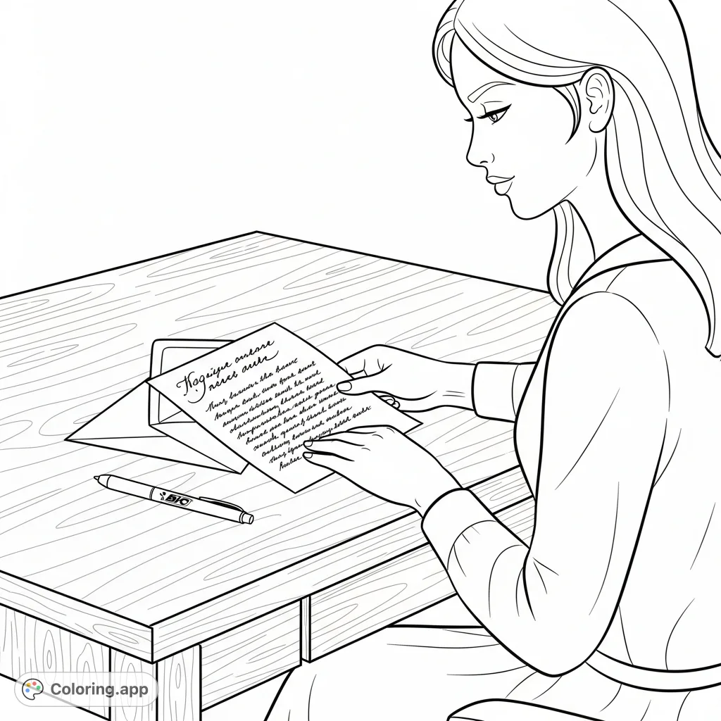 Woman's Contemplative Letter Reading - Coloring.app