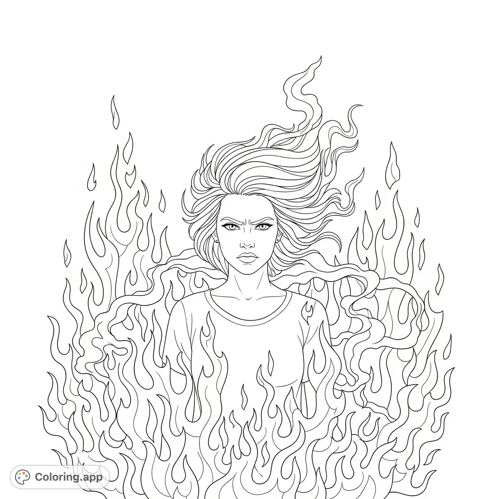 Woman Engulfed by Flames - Coloring.app