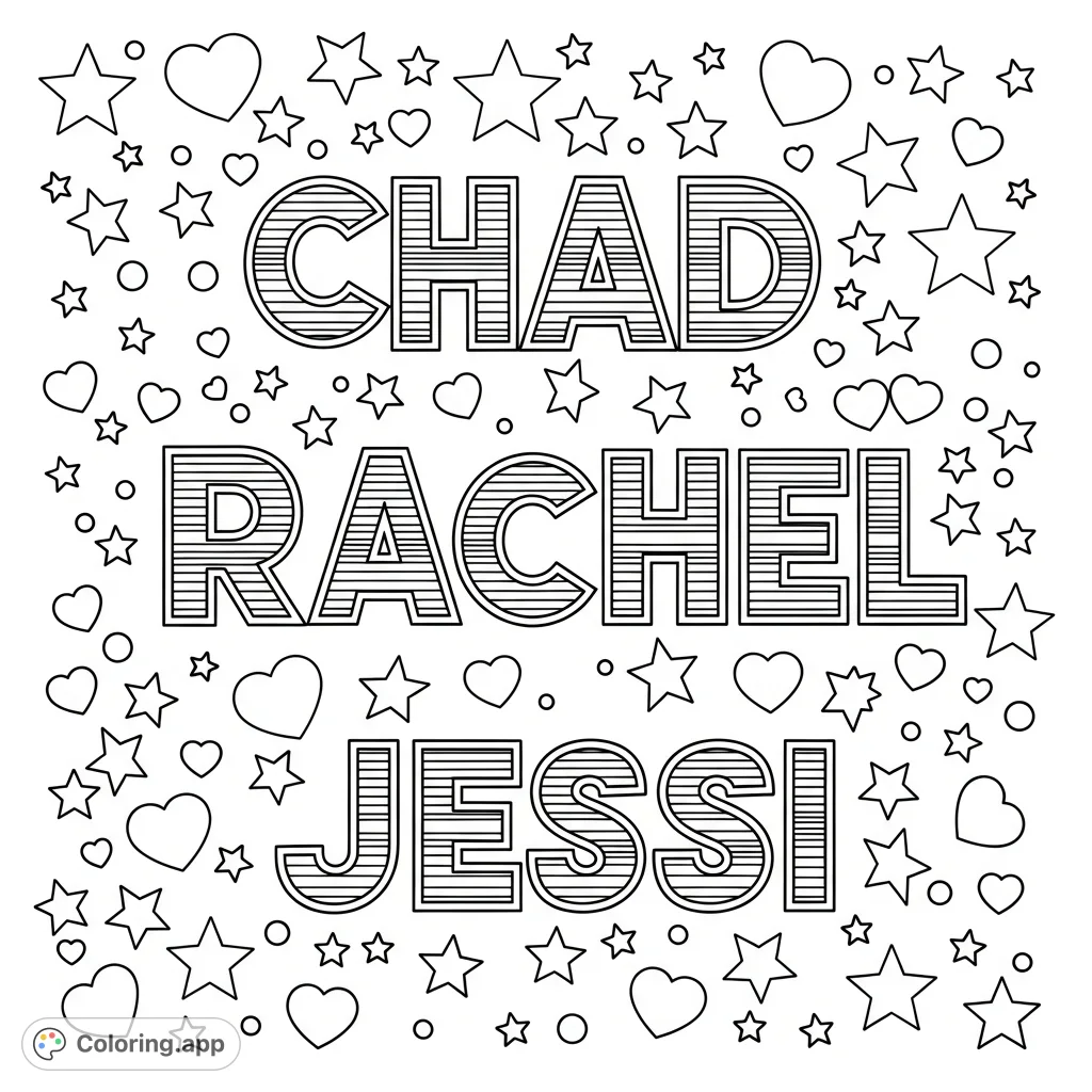 Striped Names, Stars, and Hearts - Coloring.app