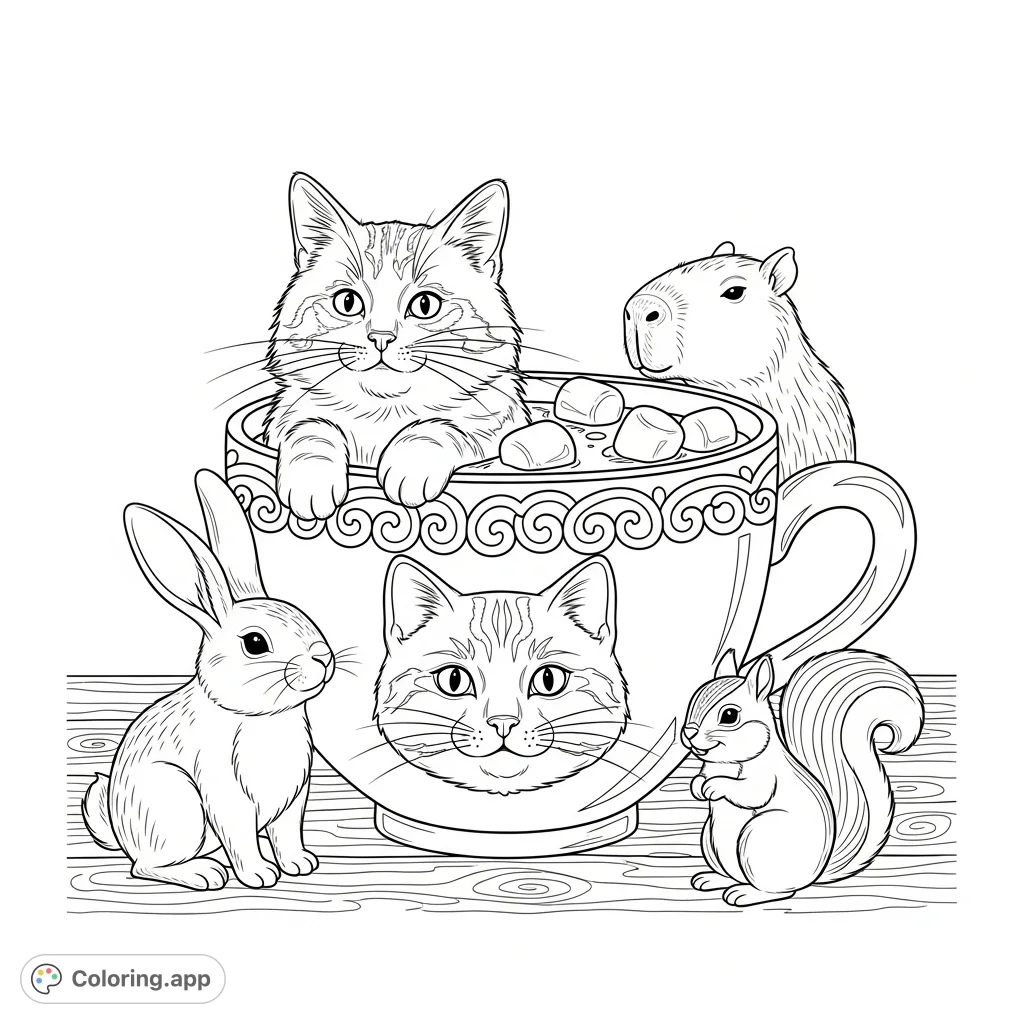 Cozy Cat Hot Cocoa Party - Coloring.app