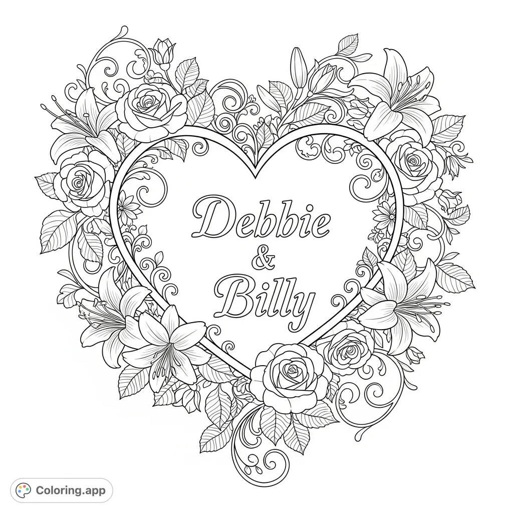 Debbie and Billy Floral Heart - Coloring.app
