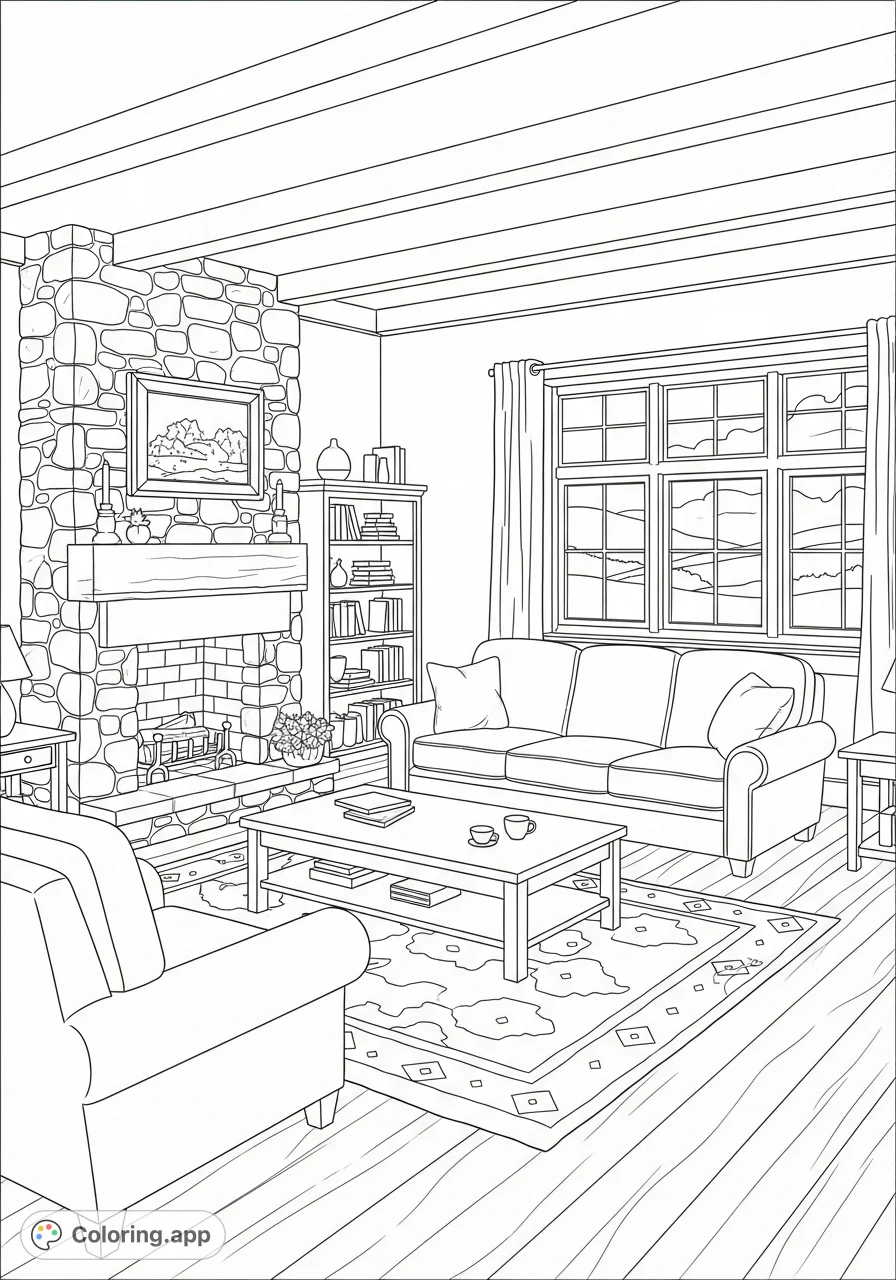 Cozy Cottage Living Room - Coloring.app