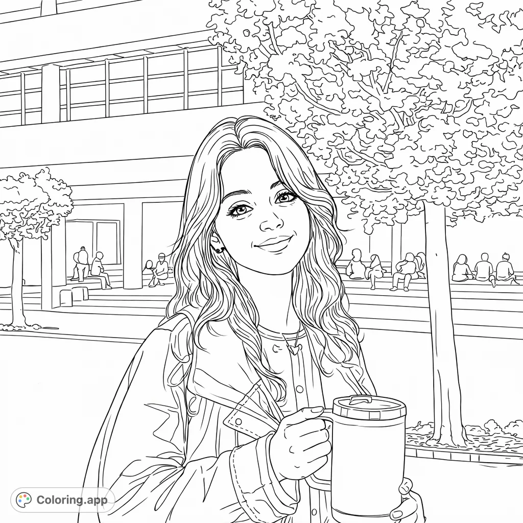 Smiling Woman with Travel Mug - Coloring.app