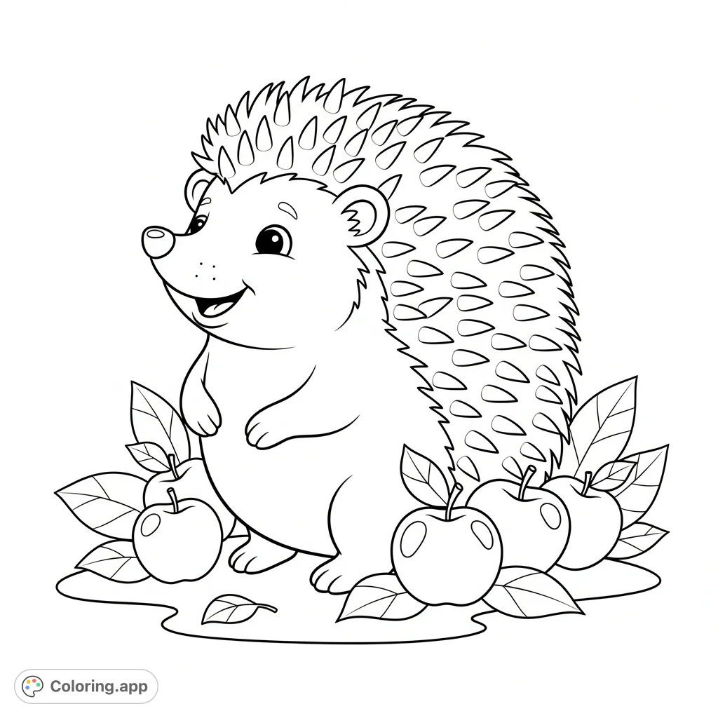 Happy Hedgehog and Apples - Coloring.app