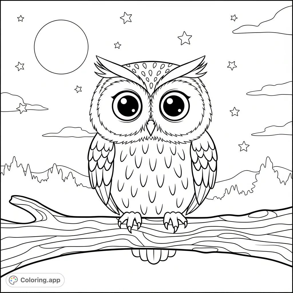 Cute Owl on Branch - Coloring.app