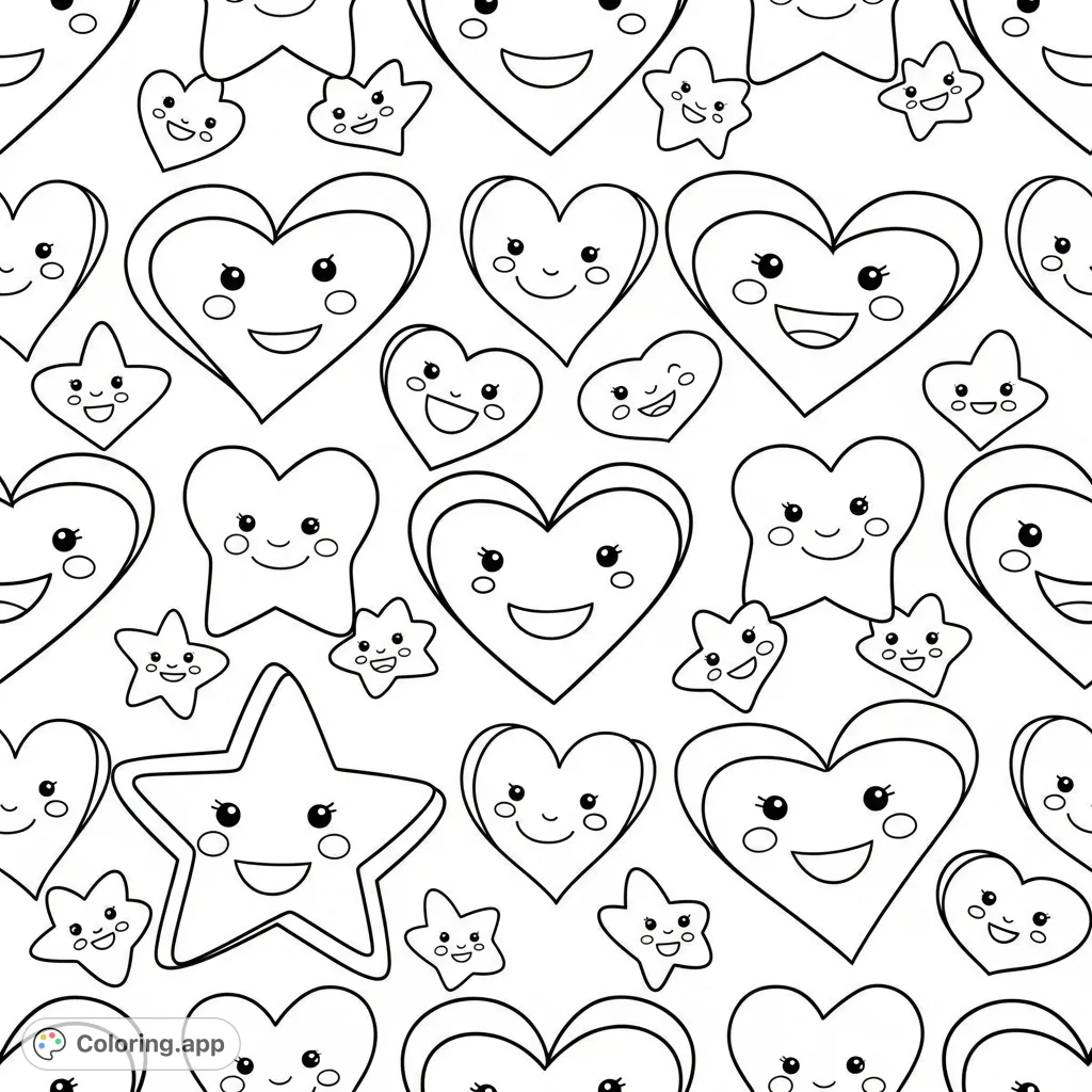Smiling Hearts and Stars Pattern - Coloring.app