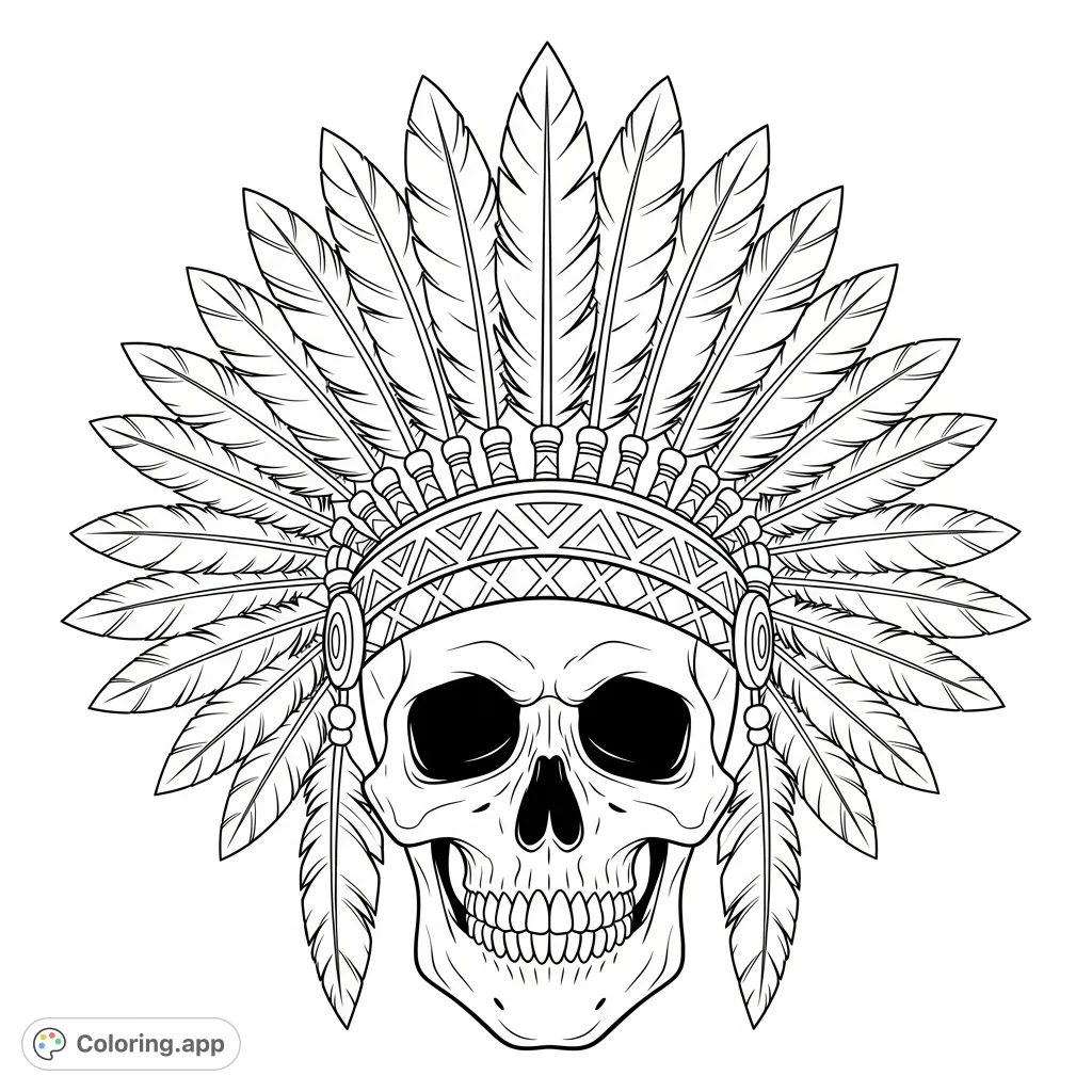 Adorned Feather Headdress Skull - Coloring.app