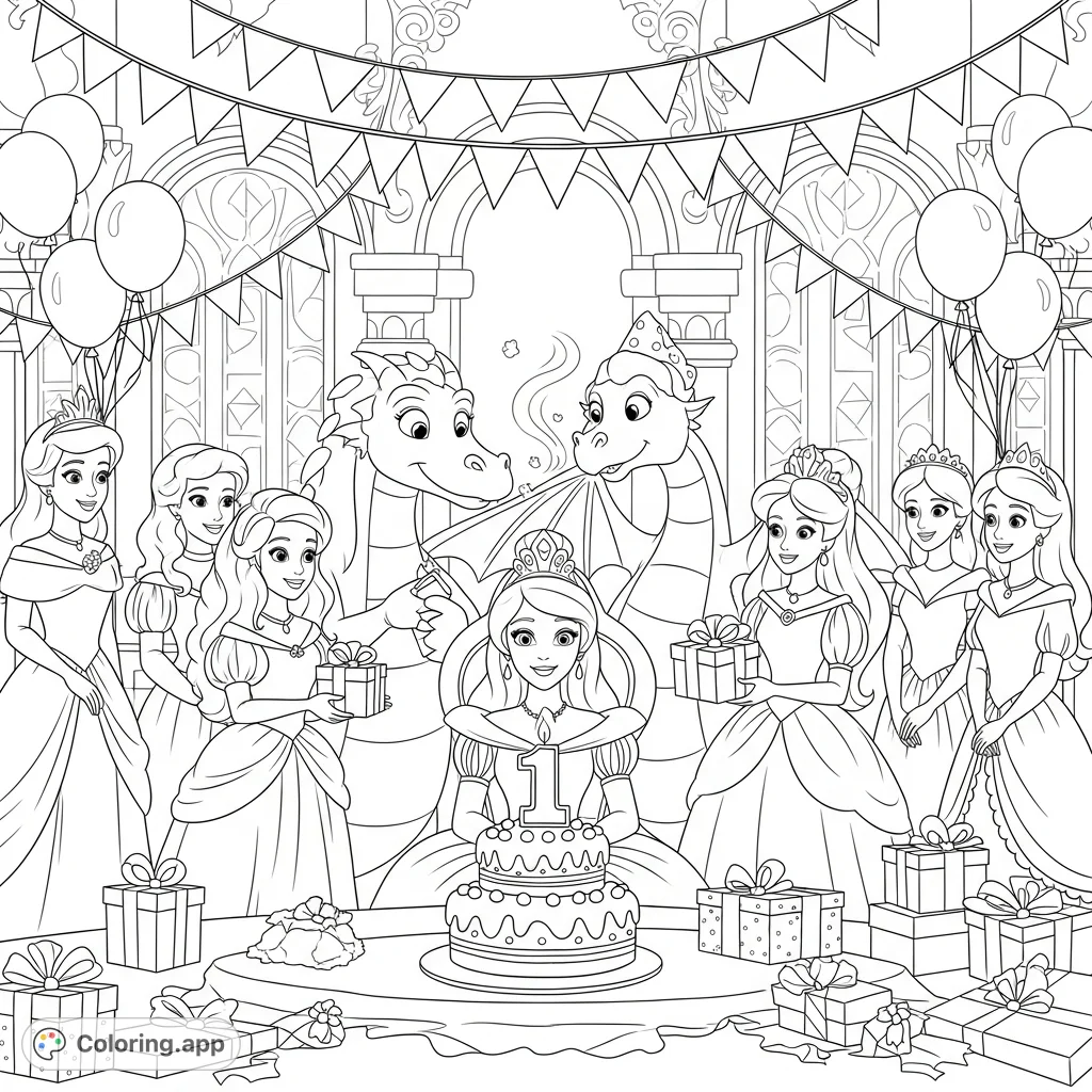 Princess First Birthday Dragon Bash - Coloring.app