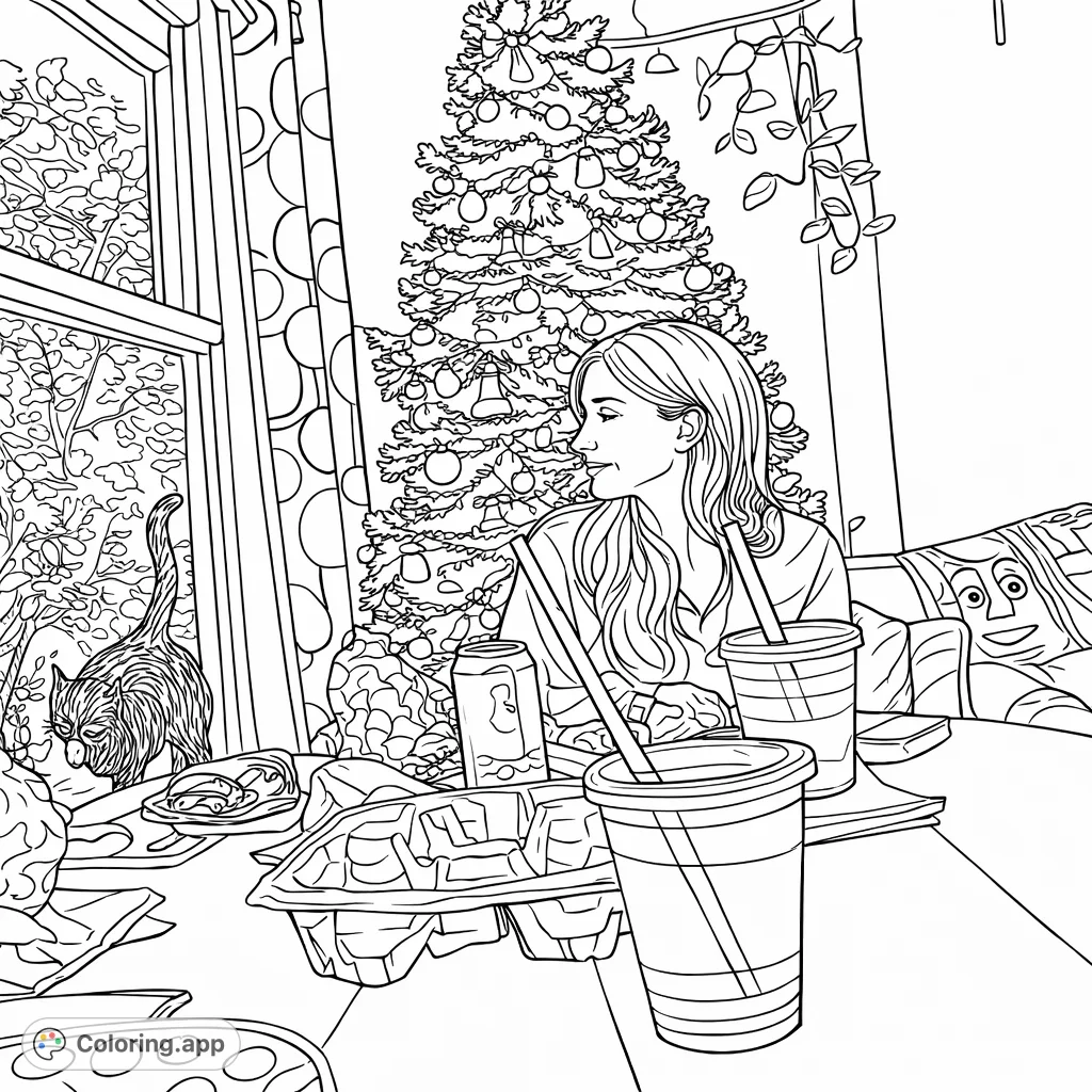 Cozy Scene with Festive Tree - Coloring.app