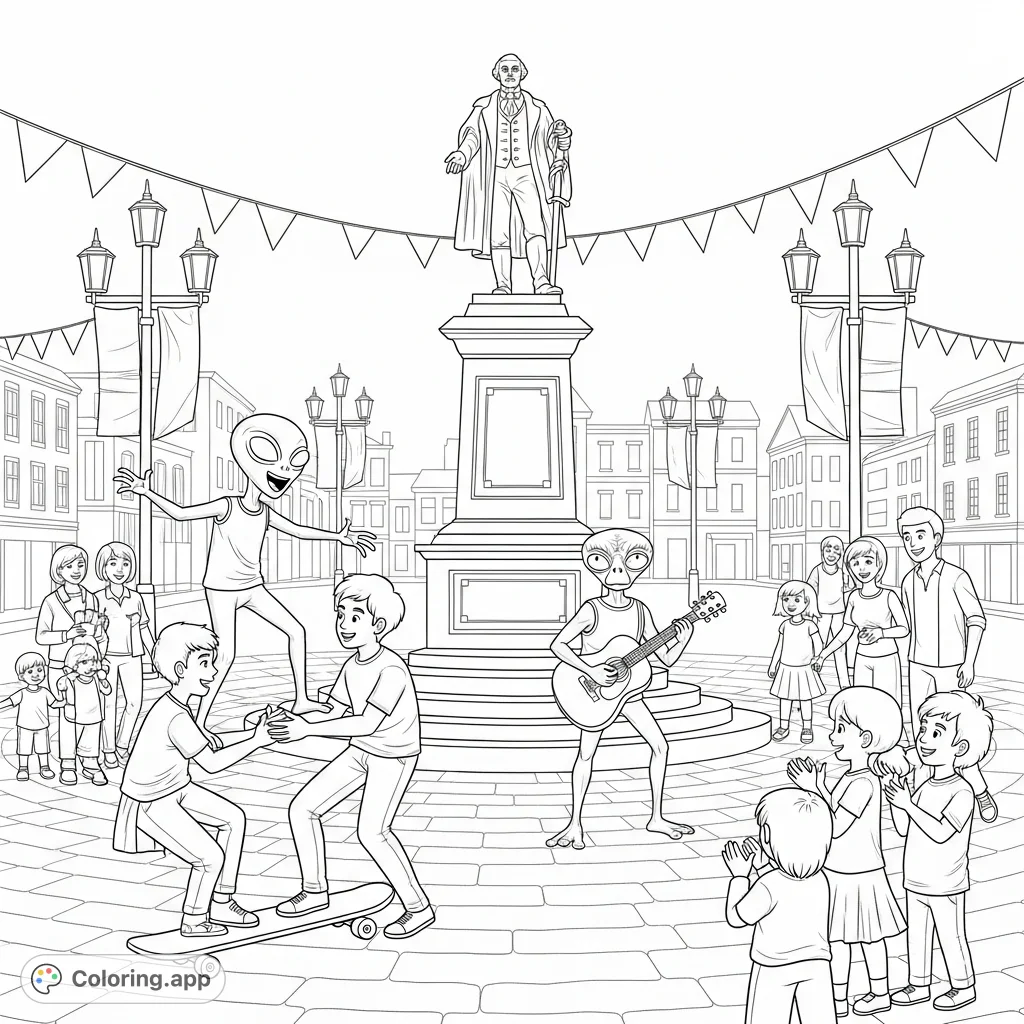 Playful Alien Town Square - Coloring.app