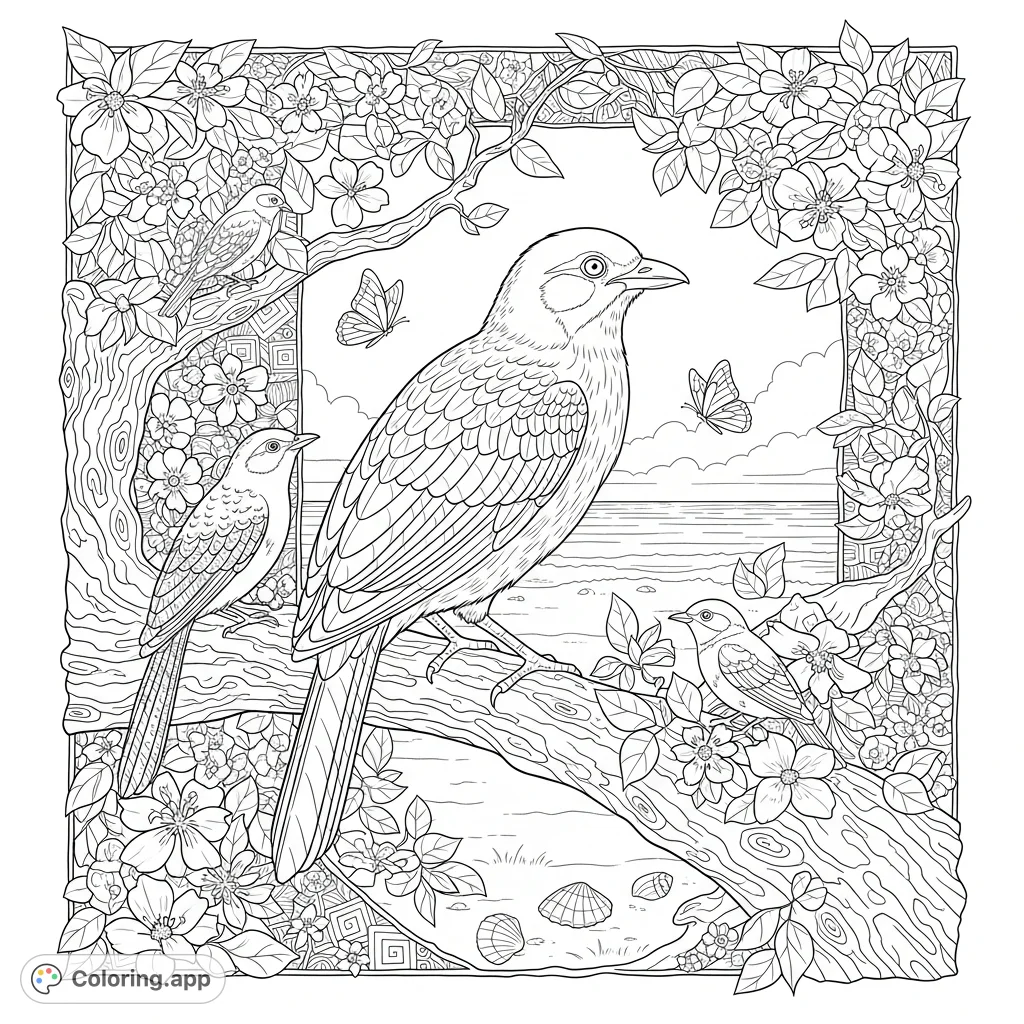 Pecan Bird on Flowering Branch - Coloring.app