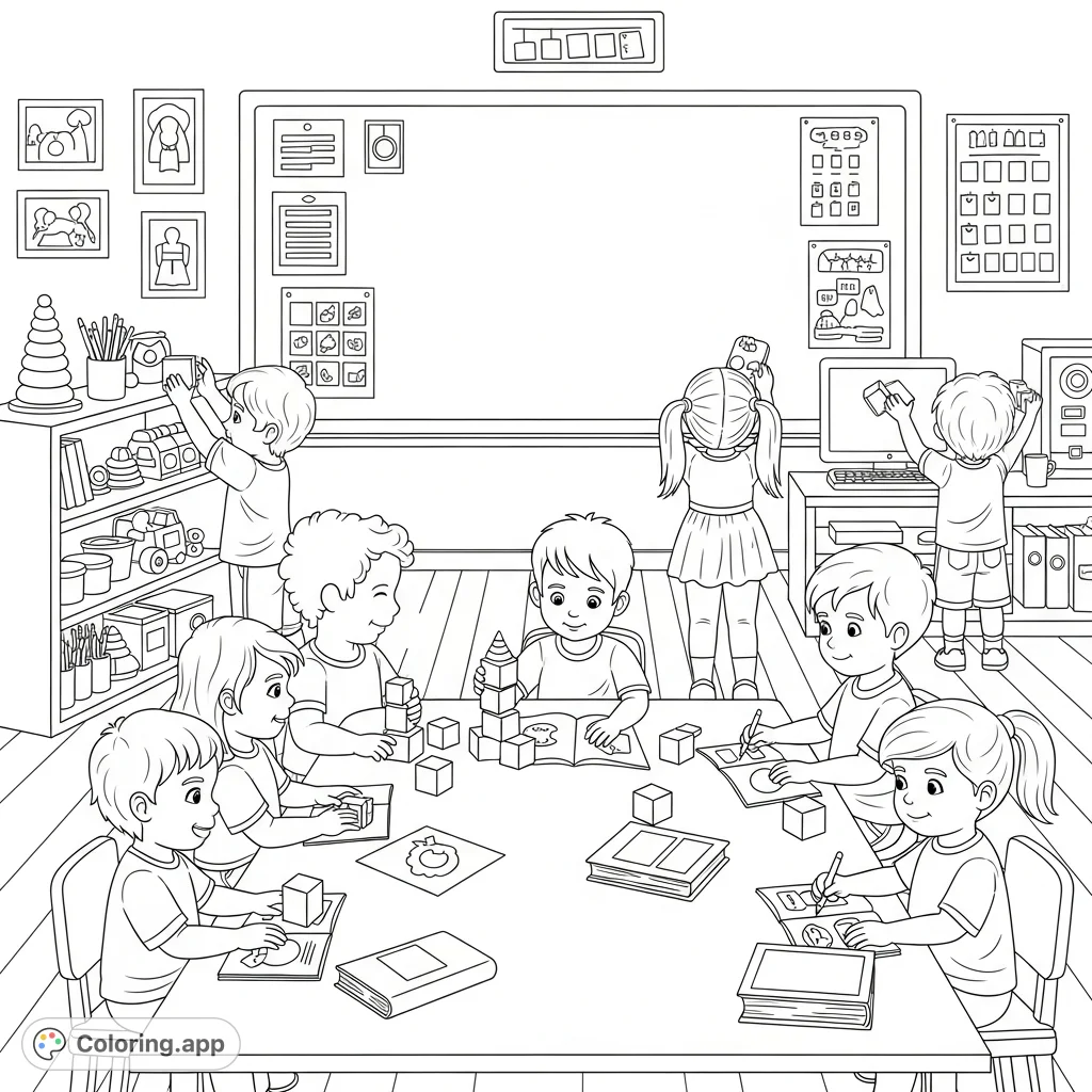 Busy Preschool Classroom Scene - Coloring.app