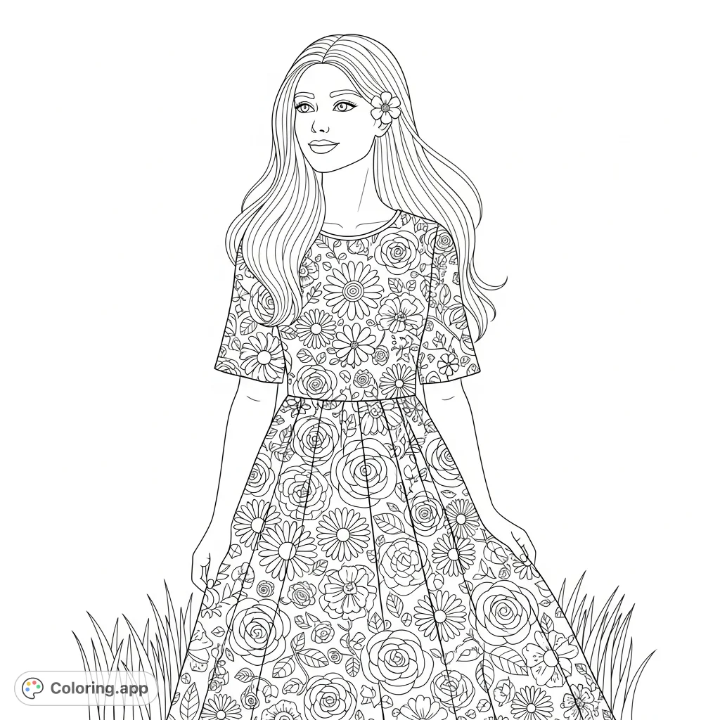 Woman in Floral Meadow - Coloring.app