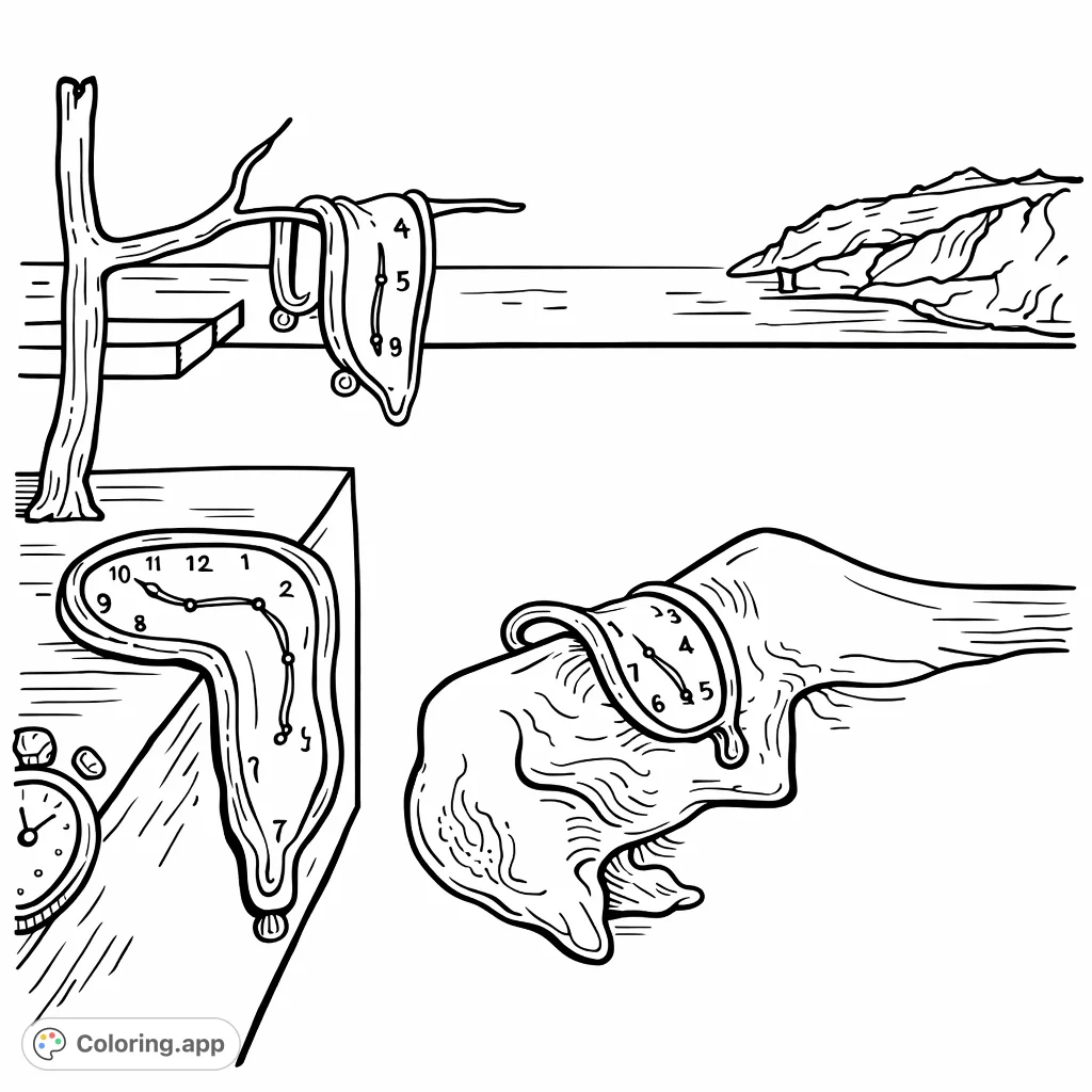 Surreal Melting Clocks Landscape - Coloring.app