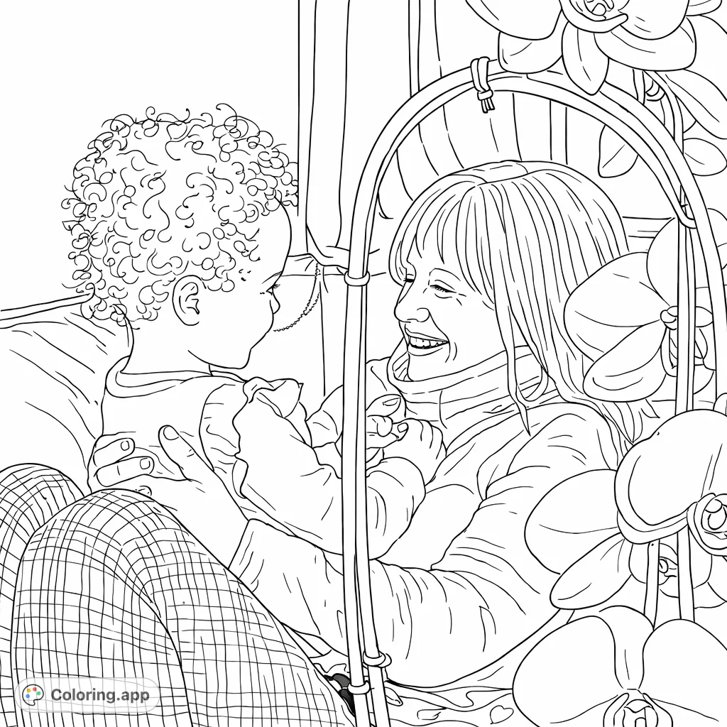 Mother and Child with Orchids - Coloring.app