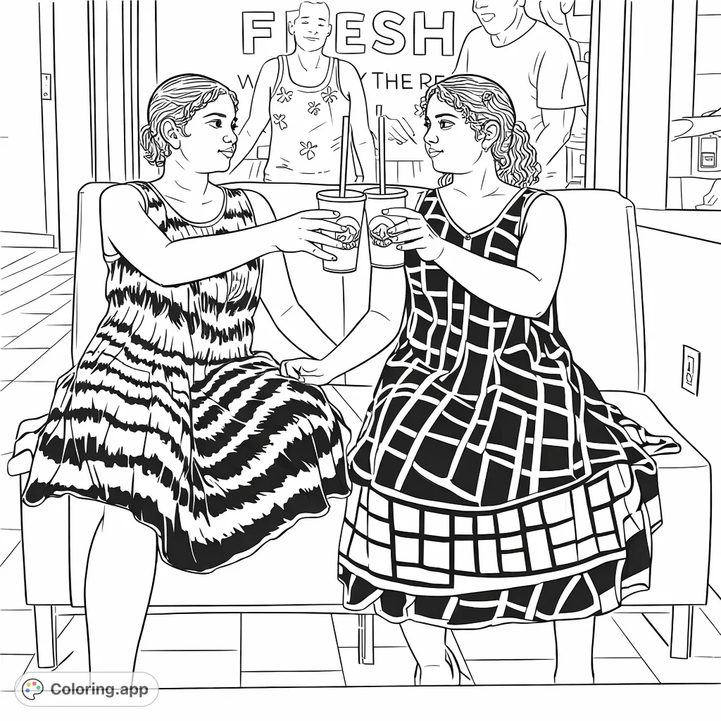 Two Girls with Drinks - Coloring.app