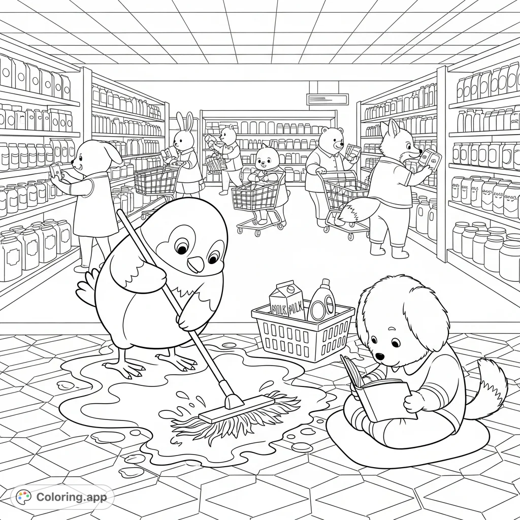 Busy Animal Grocery Store Scene - Coloring.app