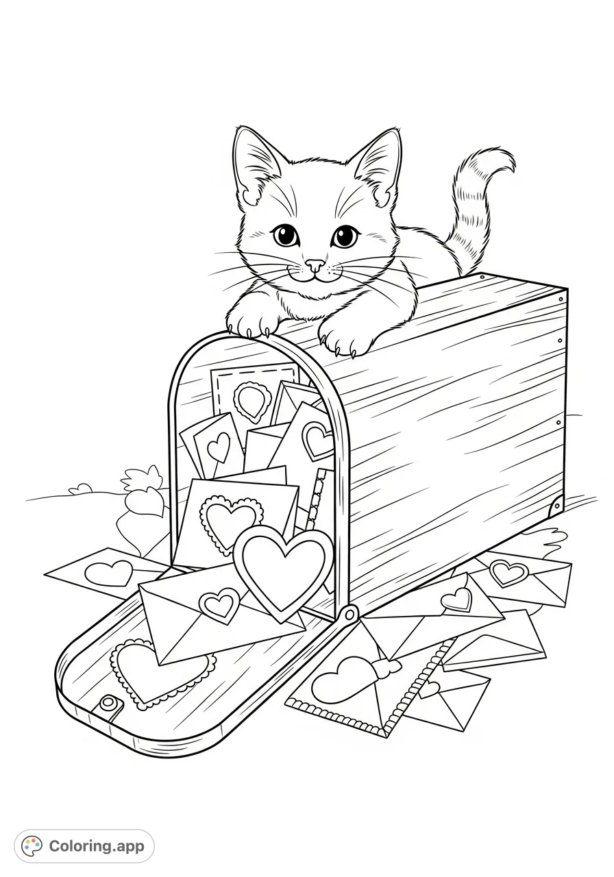 Kitten Peeking from Valentine Mailbox - Coloring.app