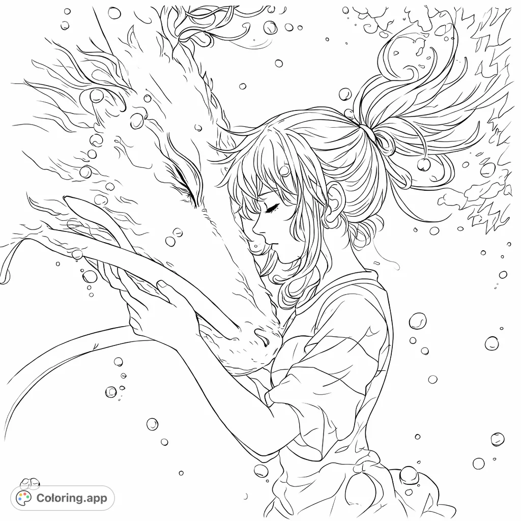 Girl and Water Spirit Embrace - Coloring.app