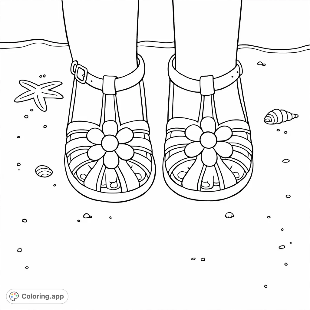 Beach Sandals and Seashells - Coloring.app
