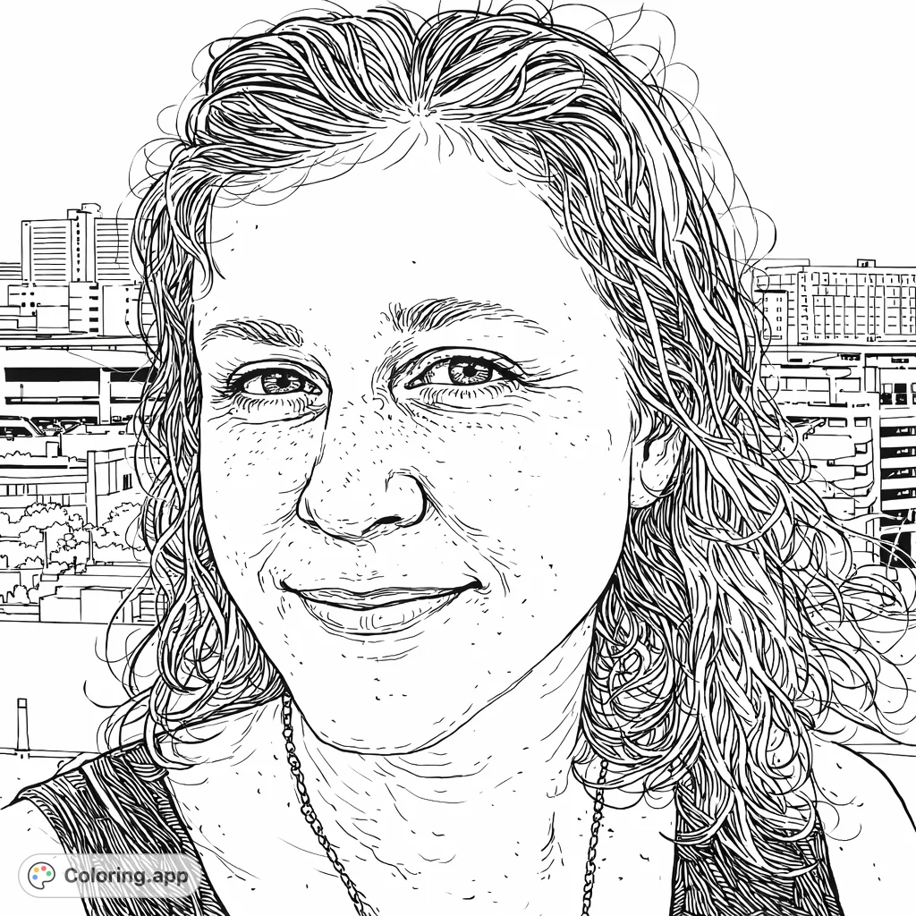 Wavy Haired Woman in City - Coloring.app