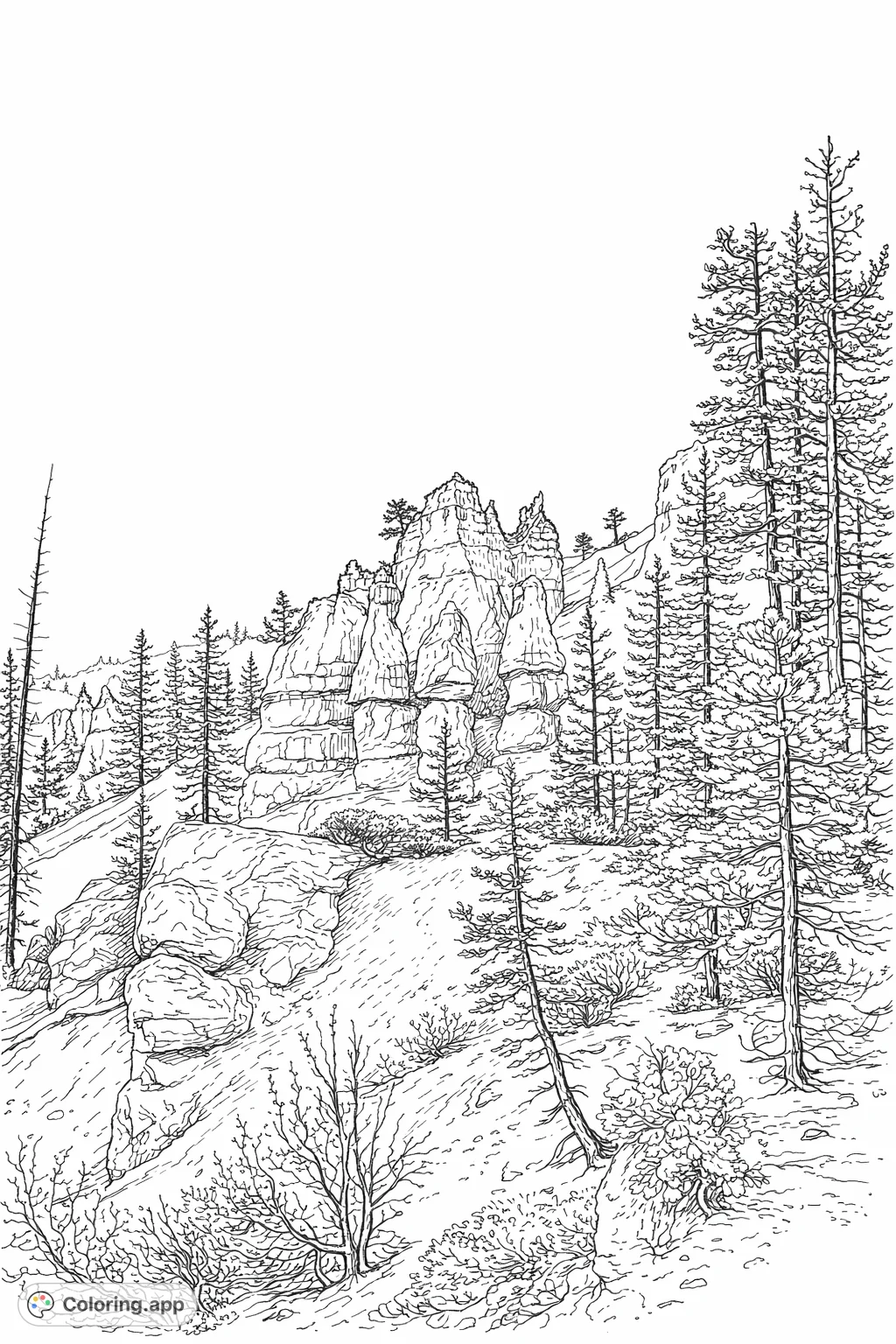 Rugged Canyon Hoodoos Landscape - Coloring.app