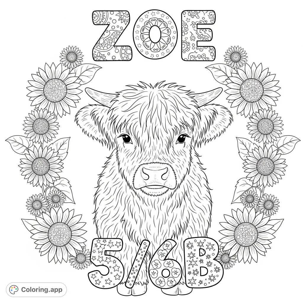Fluffy Highland Calf and Sunflowers - Coloring.app