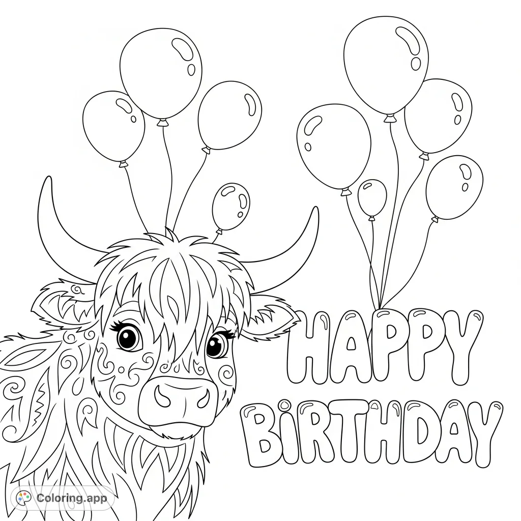Highland Cow Birthday Portrait - Coloring.app