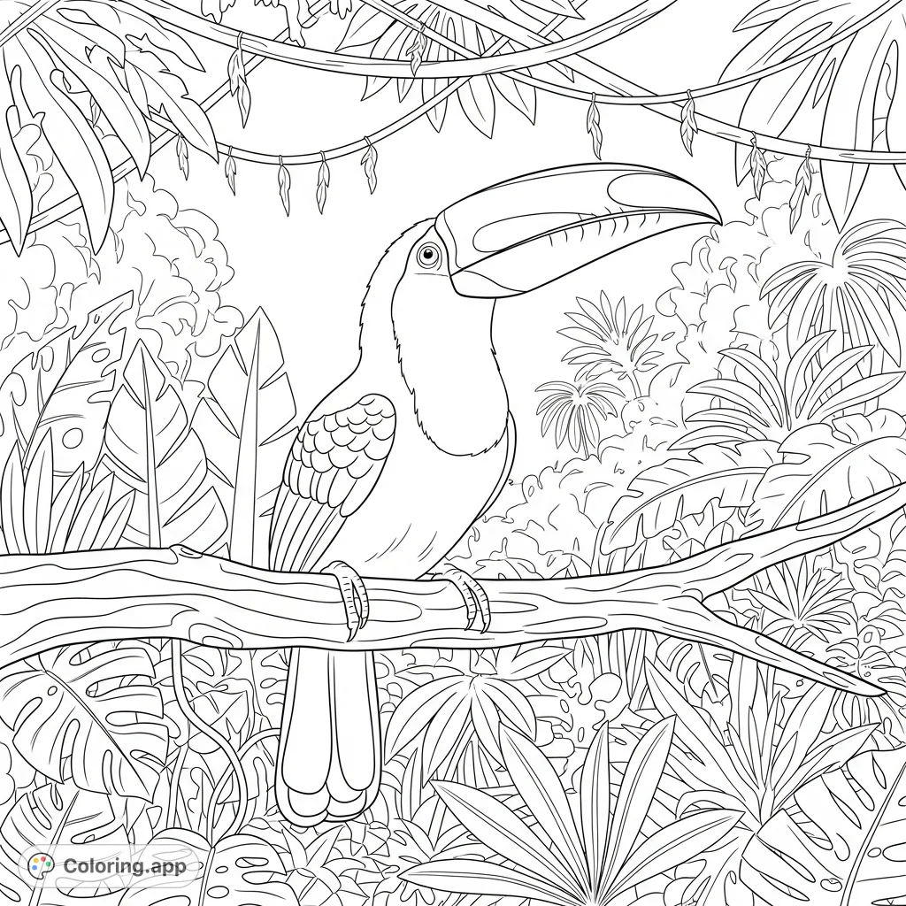 Singing Toucan on Jungle Branch - Coloring.app