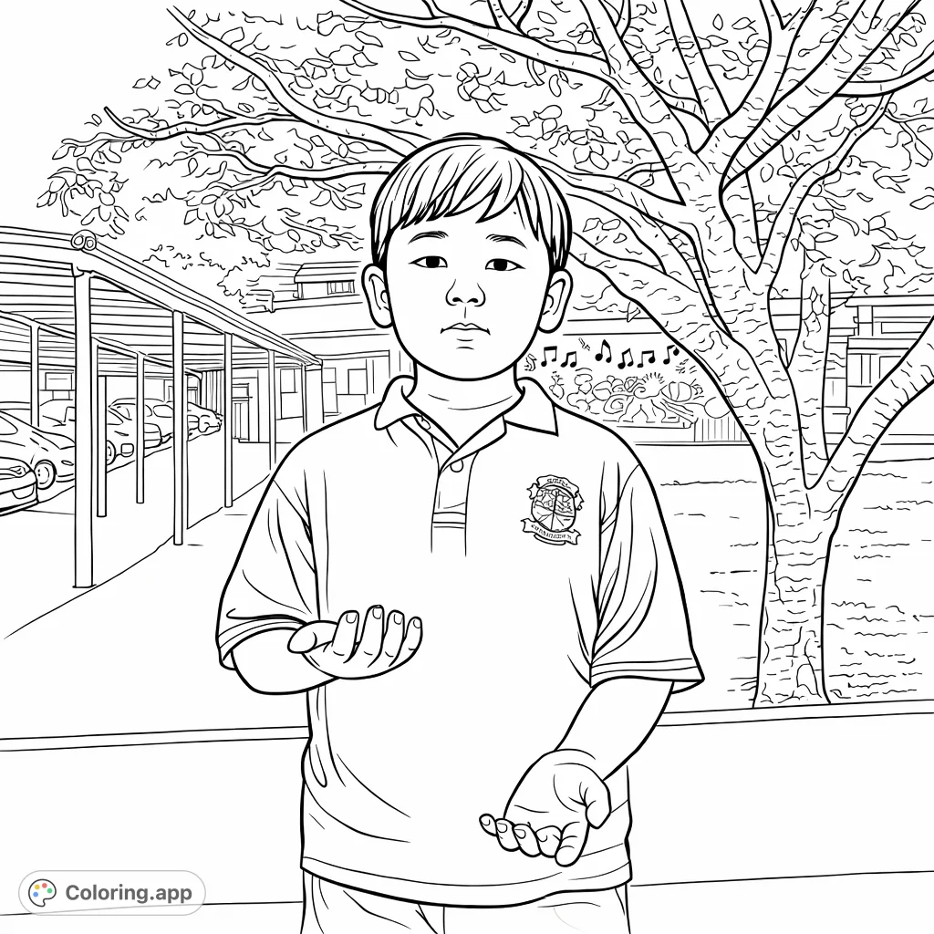 Young Boy in Schoolyard - Coloring.app