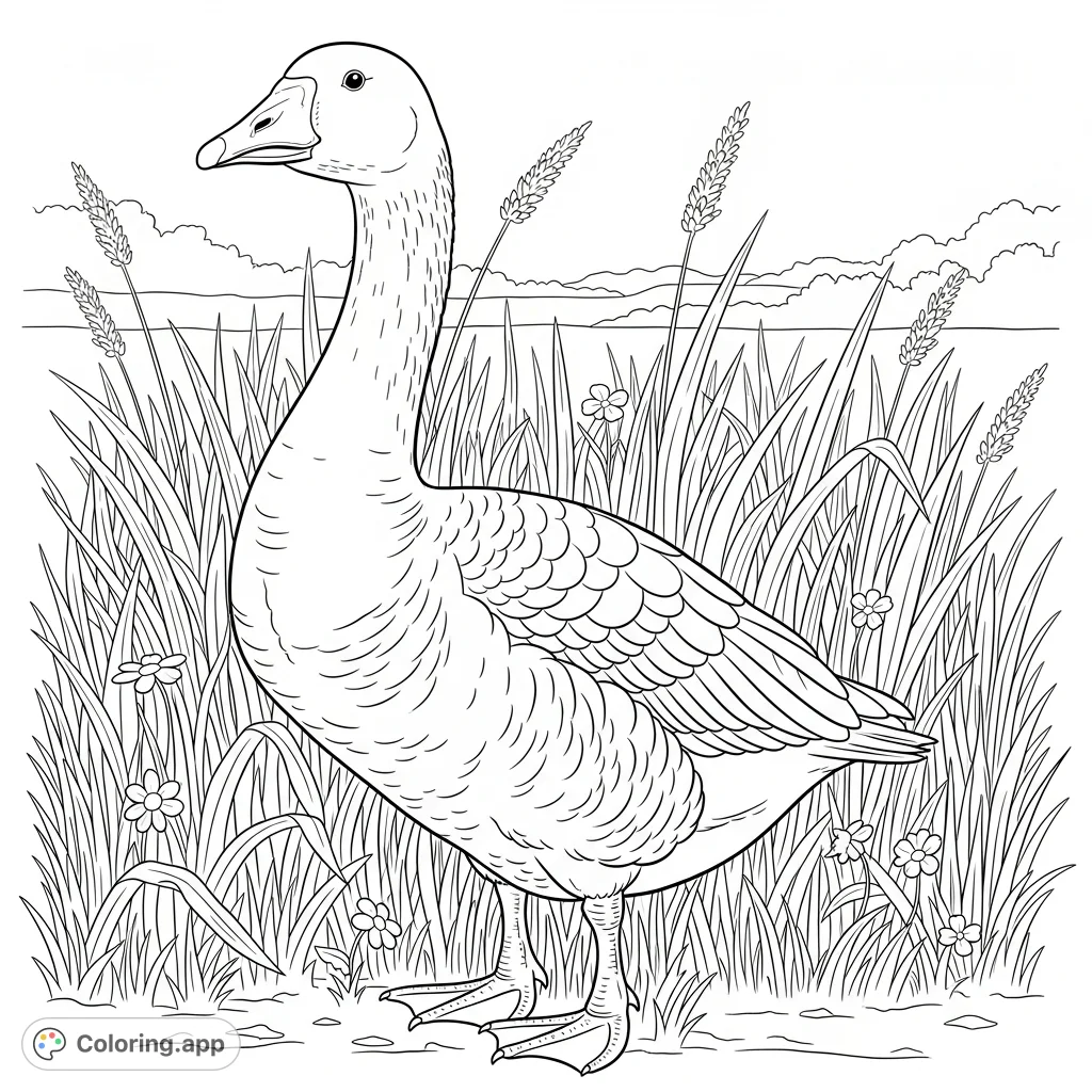 Graceful Goose Amidst Tall Grass - Coloring.app