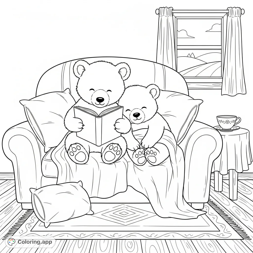 Snuggled Bear Cubs Story Time - Coloring.app