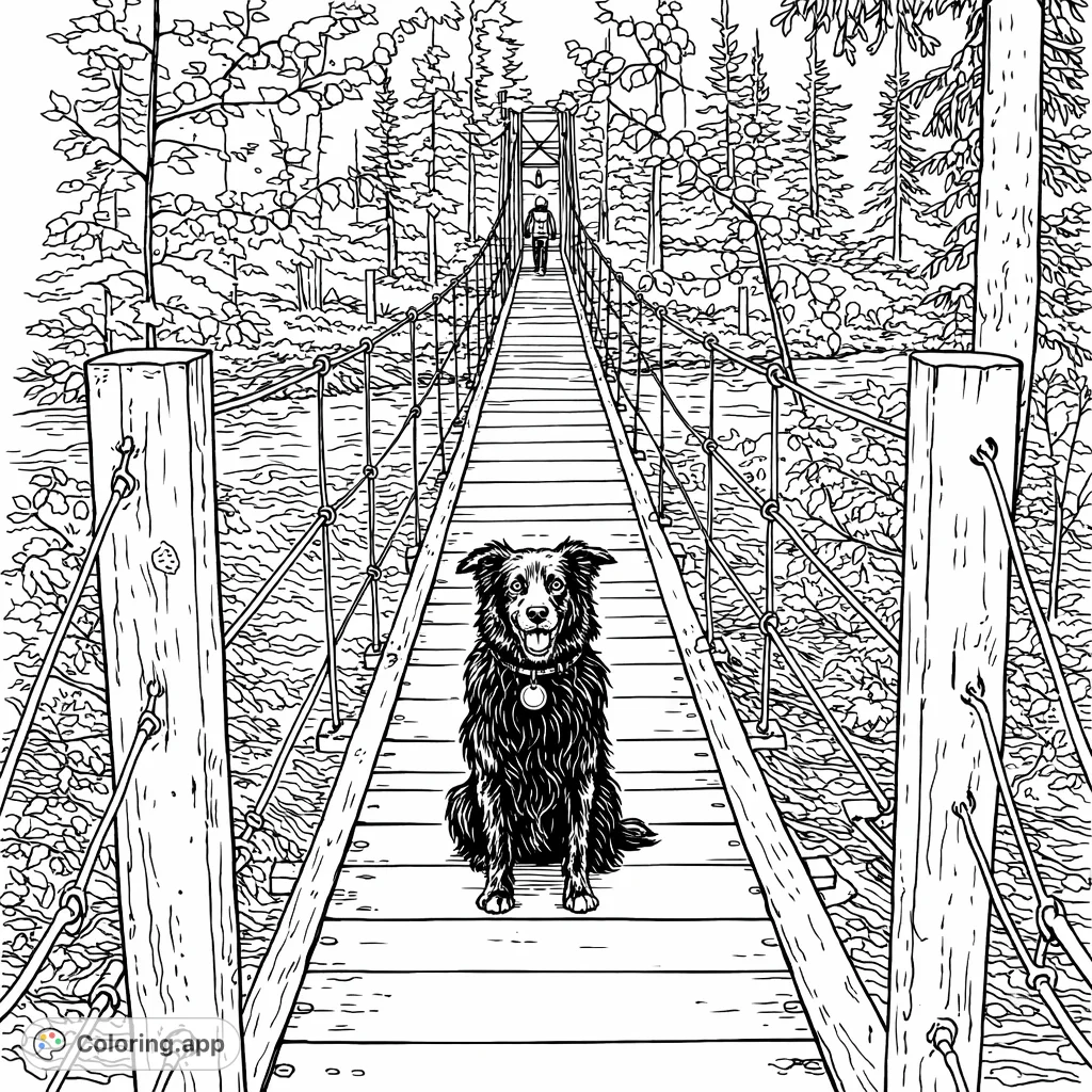 Dog on Forest Suspension Bridge - Coloring.app