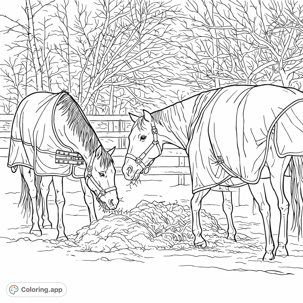 Winter Horses Feeding - Coloring.app