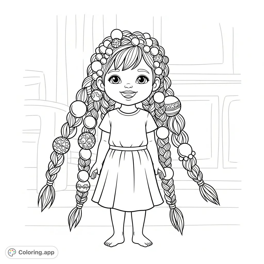 Cheerful Girl with Braids - Coloring.app