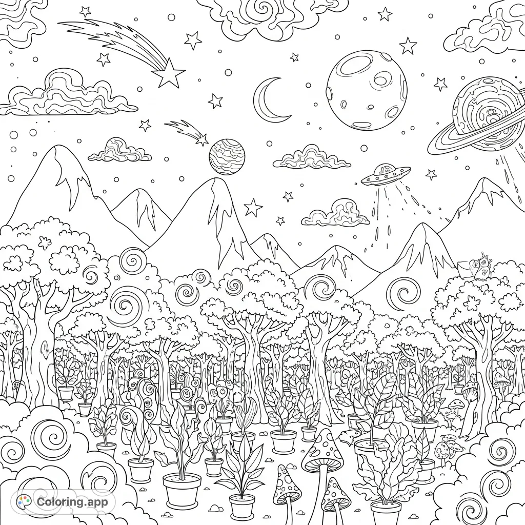 Psychedelic Forest Night - Coloring.app