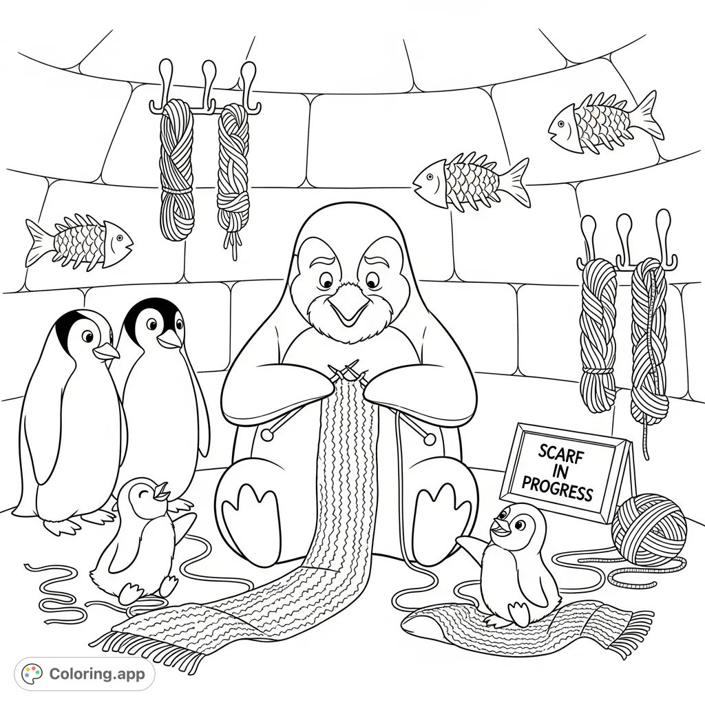 Grandpa Penguin's Cozy Knitting - Coloring.app