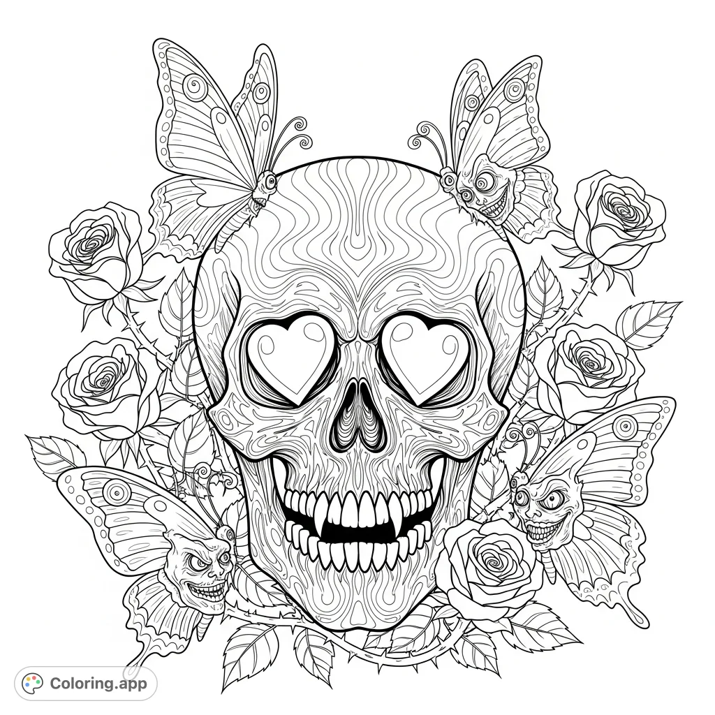 Trippy Skull, Roses, Butterflies - Coloring.app