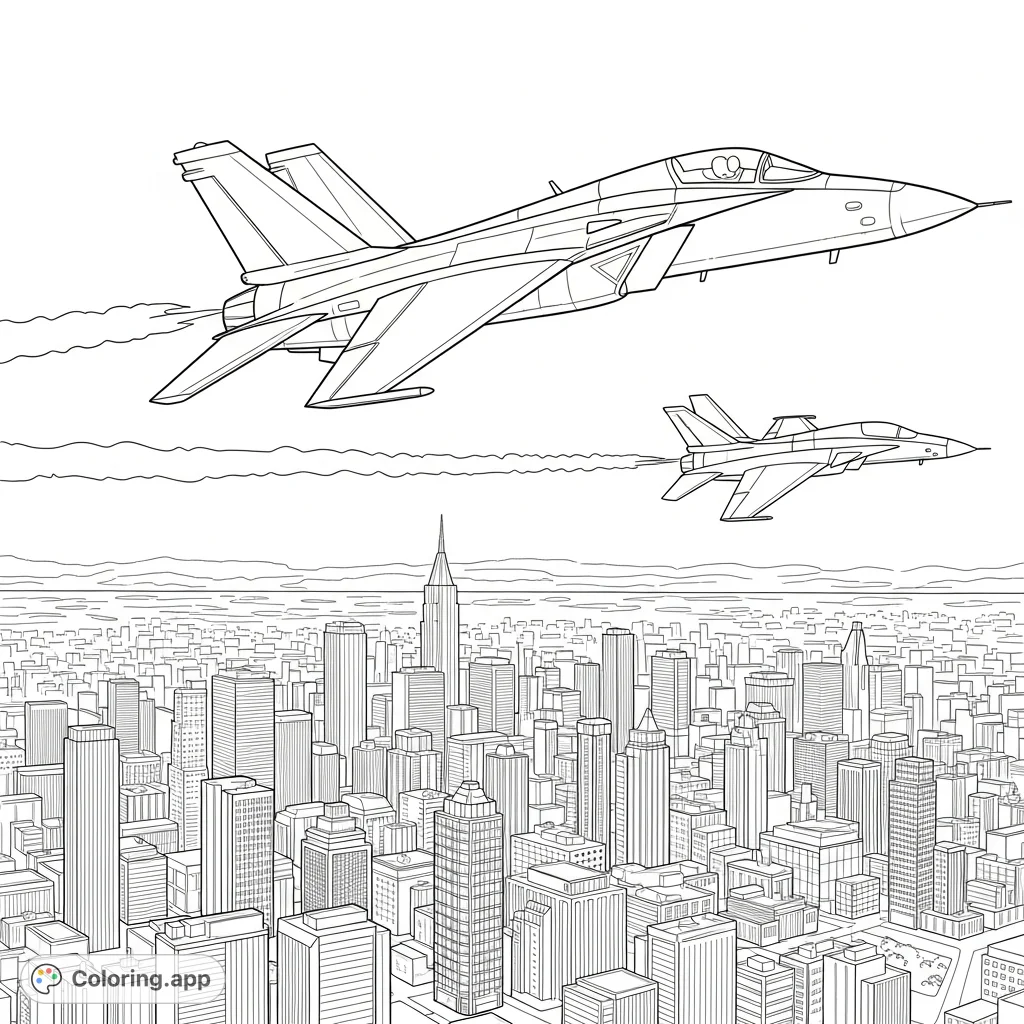 Jet Fighters Over City - Coloring.app