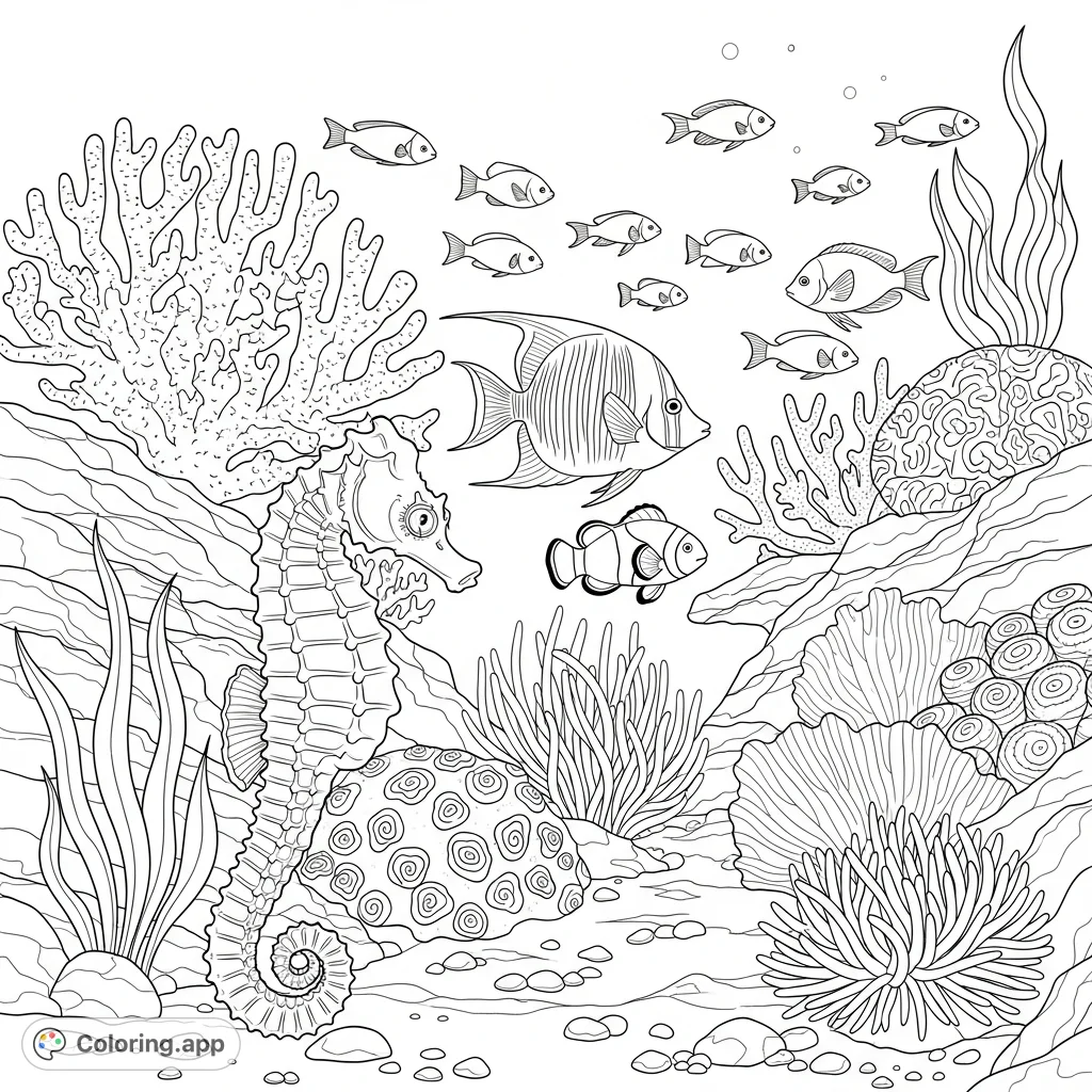 Seahorse and Fish Coral Reef - Coloring.app