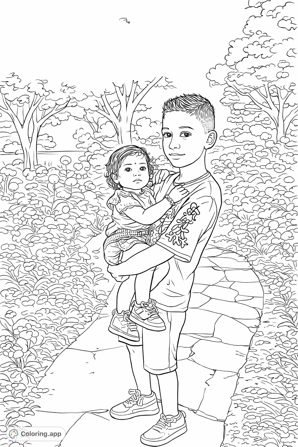 Siblings in a Garden Path - Coloring.app