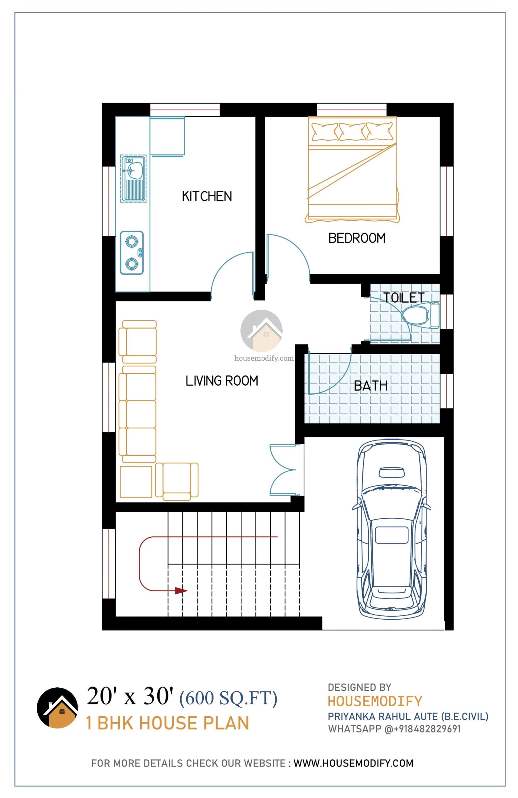1BHK 2D House Floor Plan (20' X 30') 600 Sq. Ft. » Housemodify.com