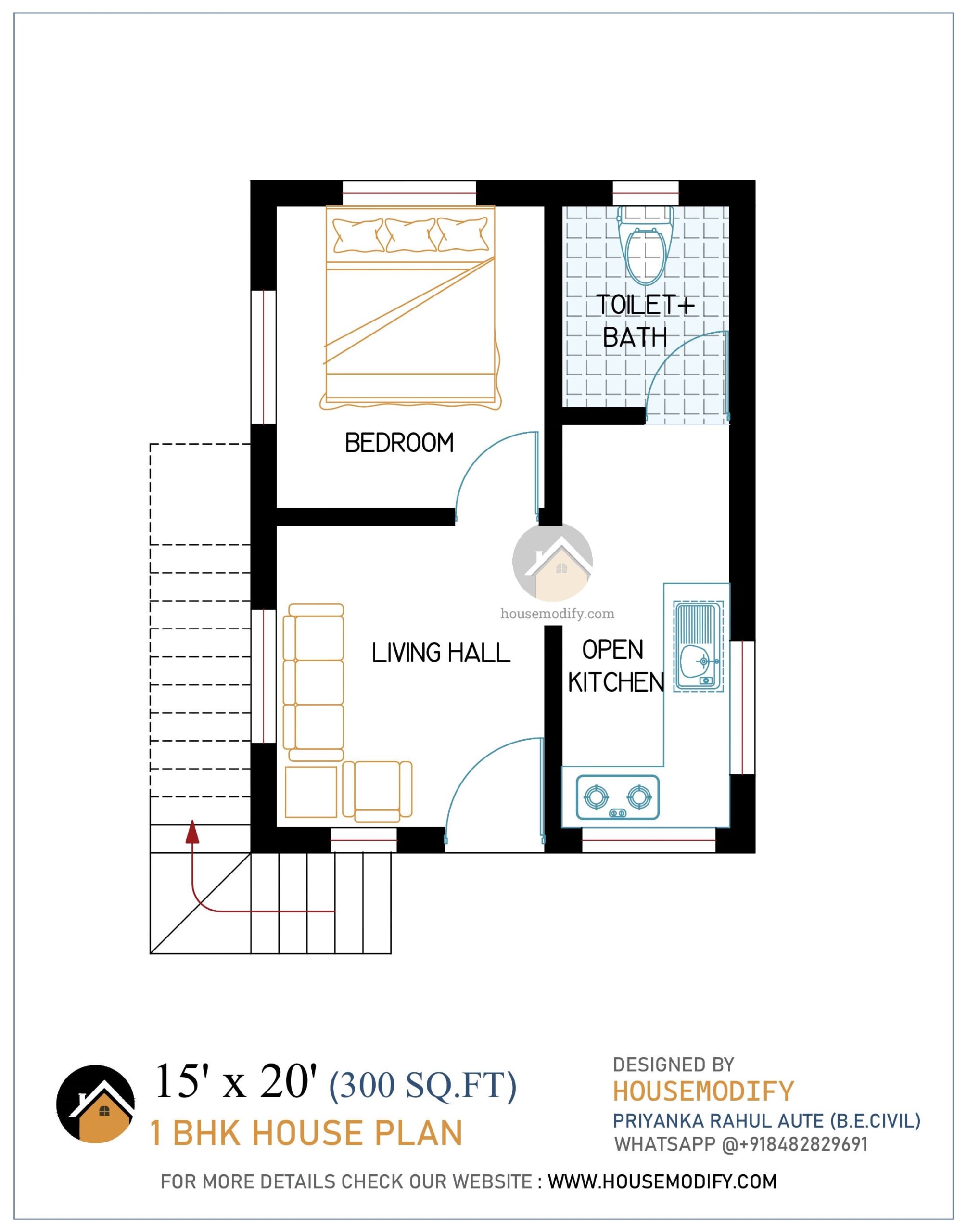 1BHK 2D House Floor Plan (20' X 20') 400 Sq. Ft. » Housemodify.com