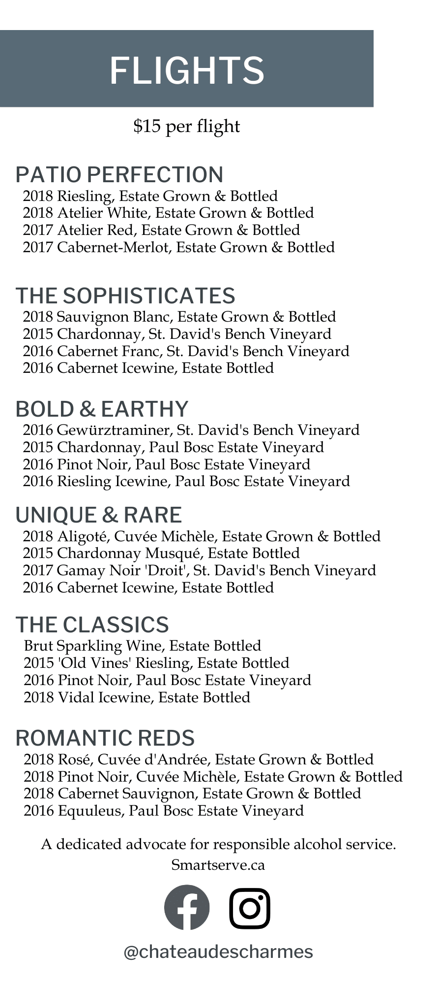 Tasting Bar Menu – Flights | Château des Charmes