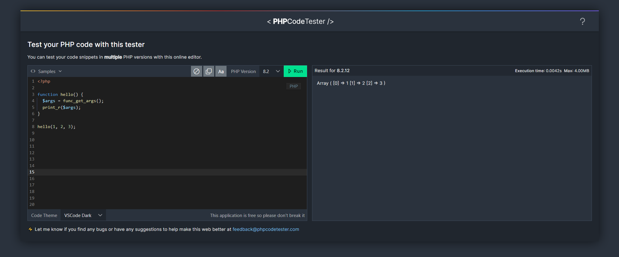 PHPCodeTester - Test your PHP code online