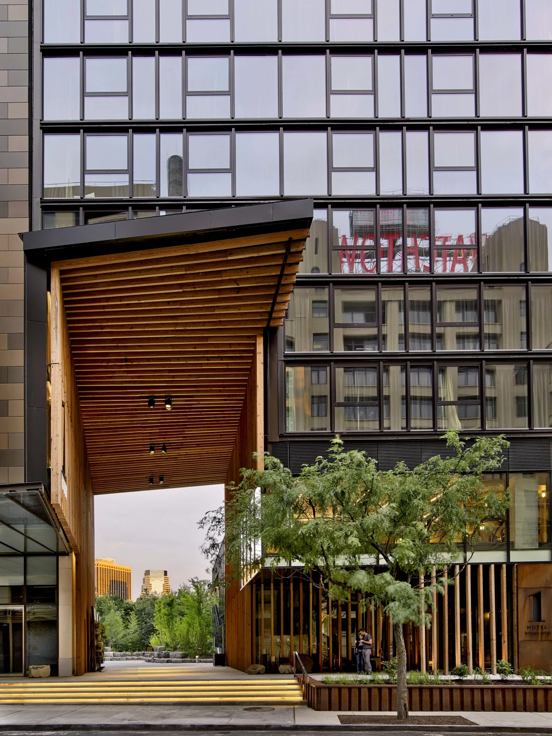 hotel, enterance, street view, metal, wood, system, panels, green, edge ...