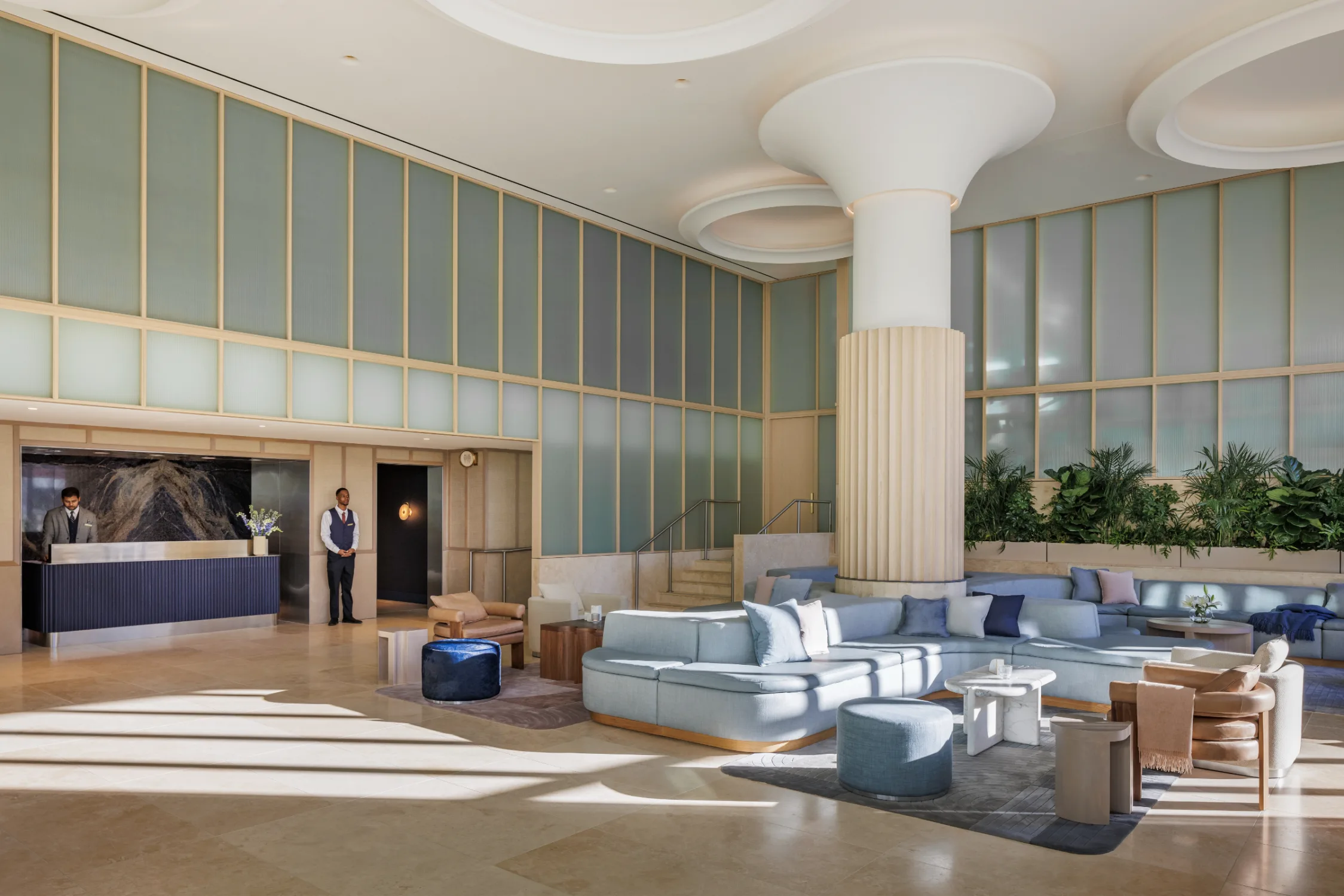 lobby, reception, sofa, pouf, banquette, glass, mushroom column, rugs ...