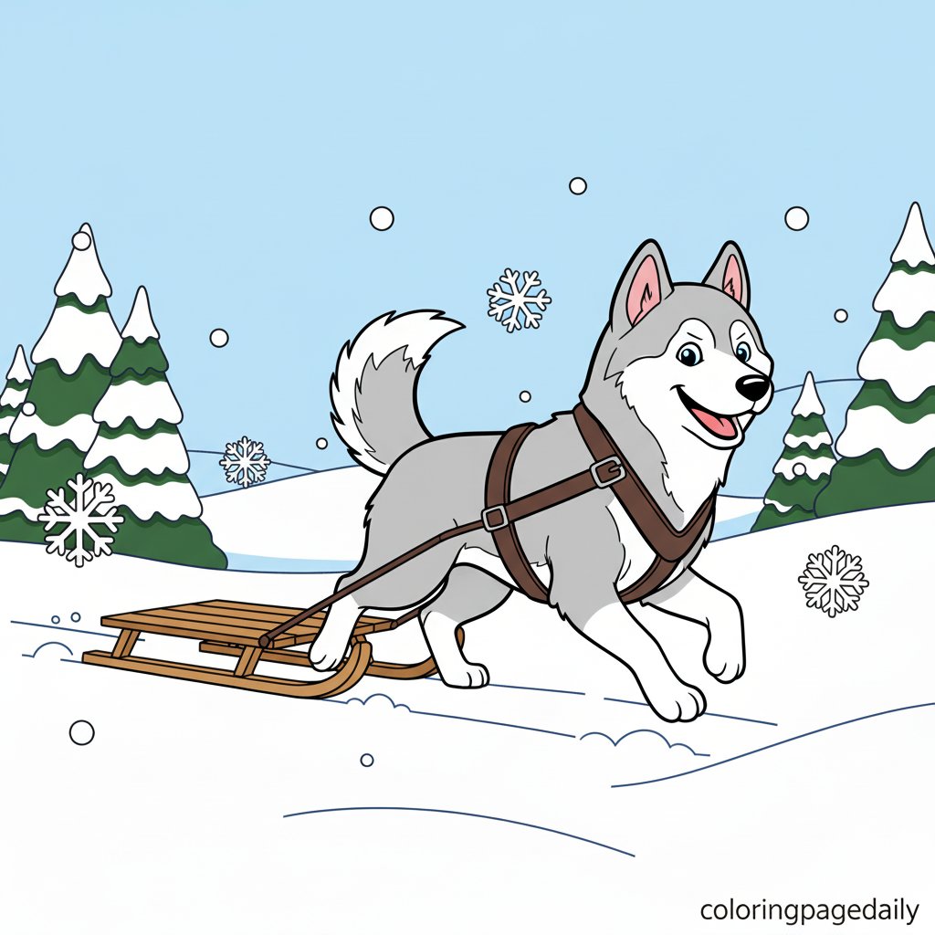 Husky Pulling a Sled - Printable Coloring Page