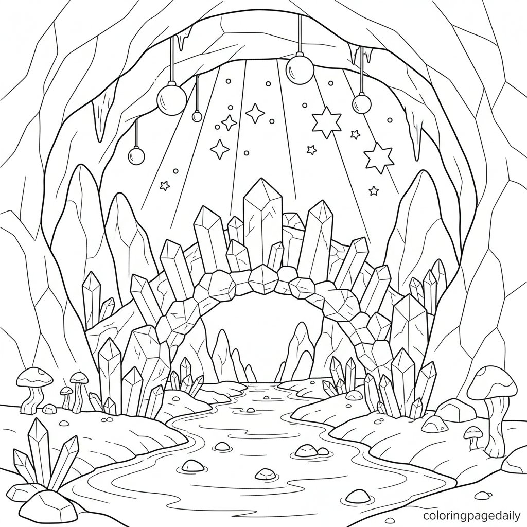Magical Crystal Cave Bridge - Printable Coloring Page