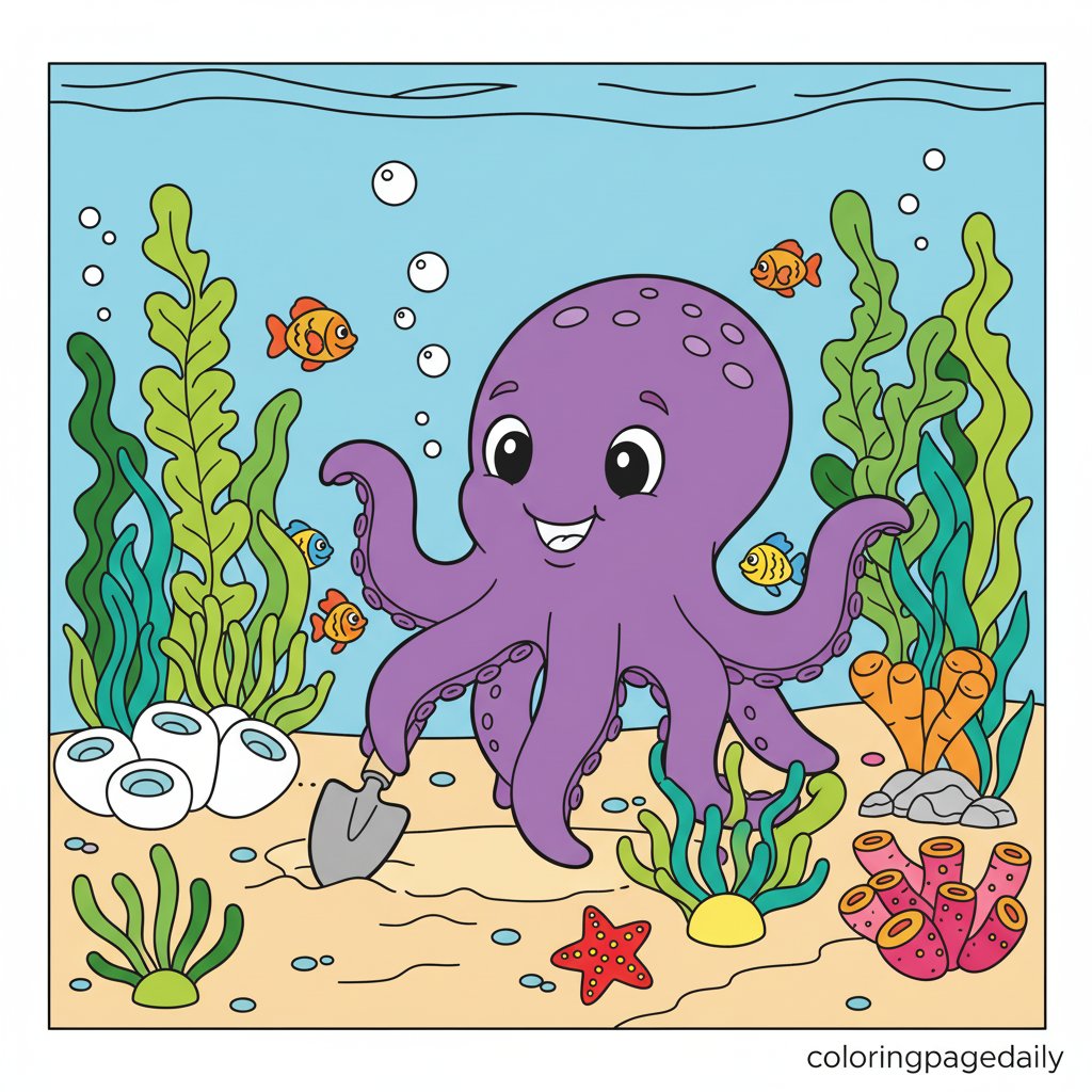 Octopus Underwater Gardening - Printable Coloring Page
